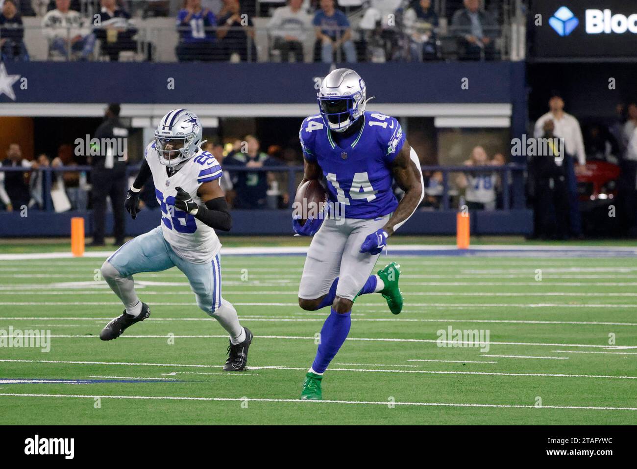 Seattle Seahawks wide receiver DK Metcalf (14) sprints to the end zone to score a touchdown ...