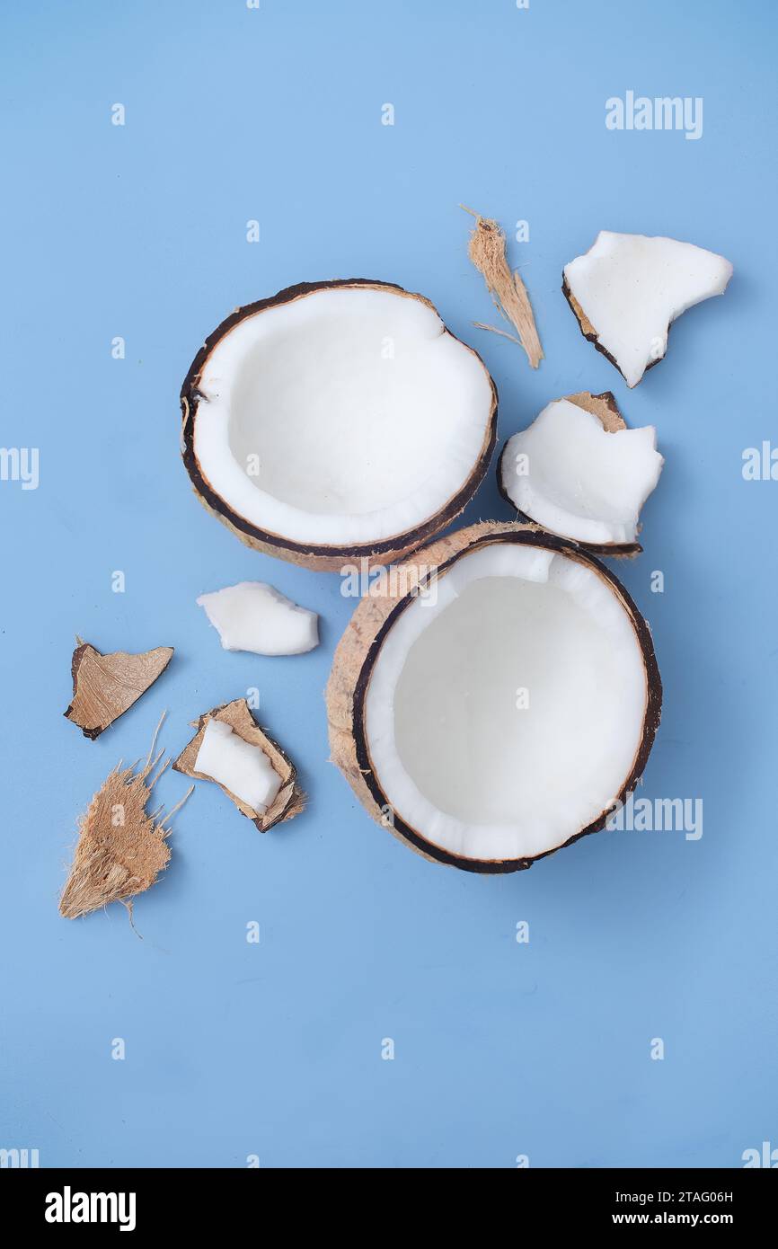 The fresh coconut is divided into two halves and coconut pieces of ...