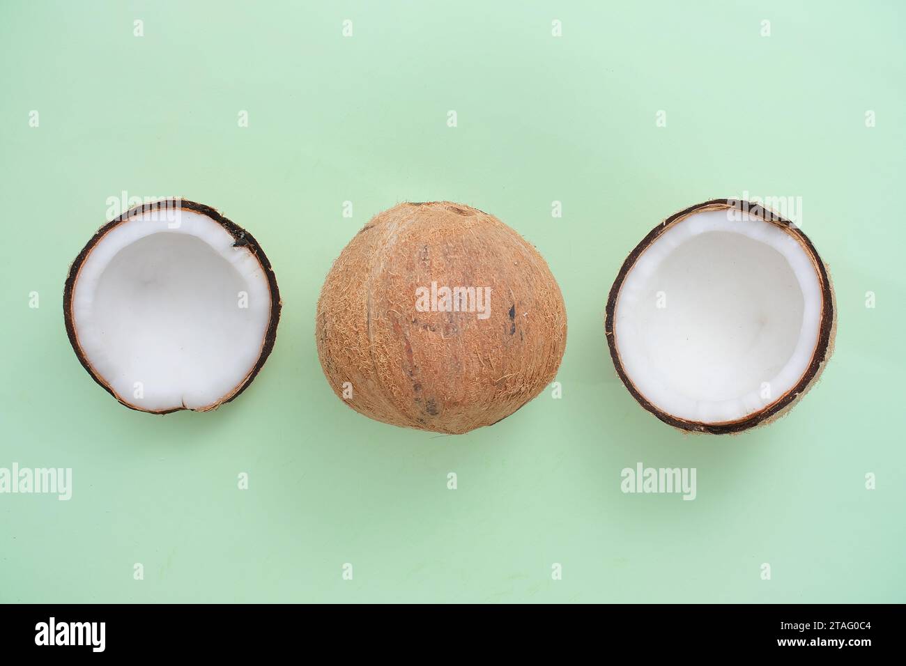 Three coconut halves arranged in a horizontal row on a pastel ...