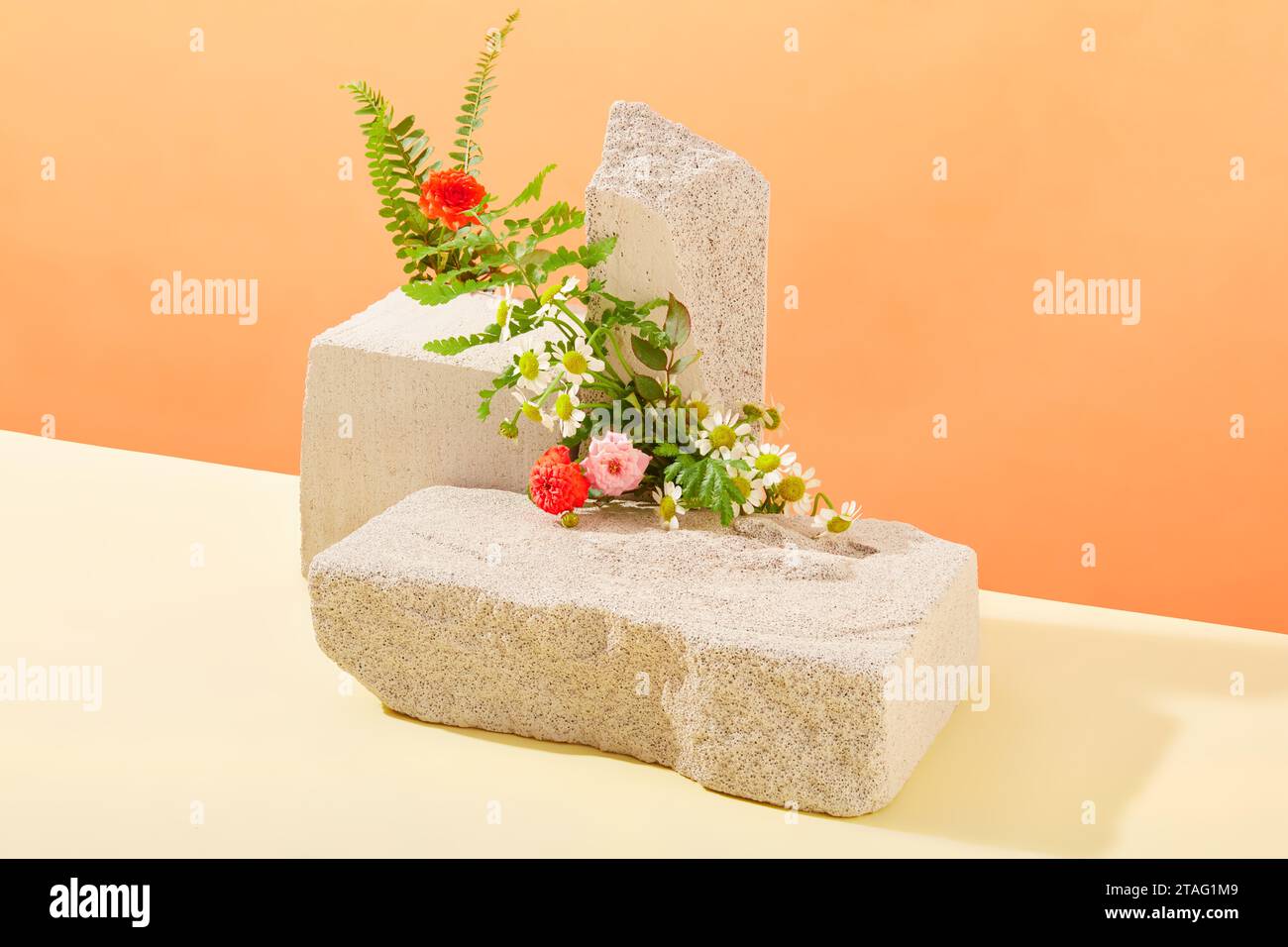 Fresh flowers and green leaves arranged on varied-sized stone podiums ...