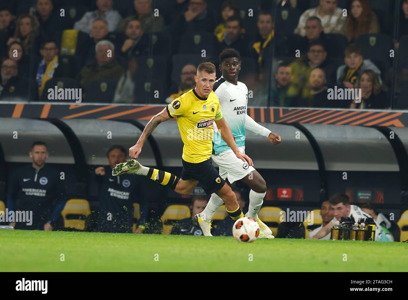 Athens, Greece. 30th Nov, 2023. (L-R) Damian Szymanski (AEK), Joshua ...