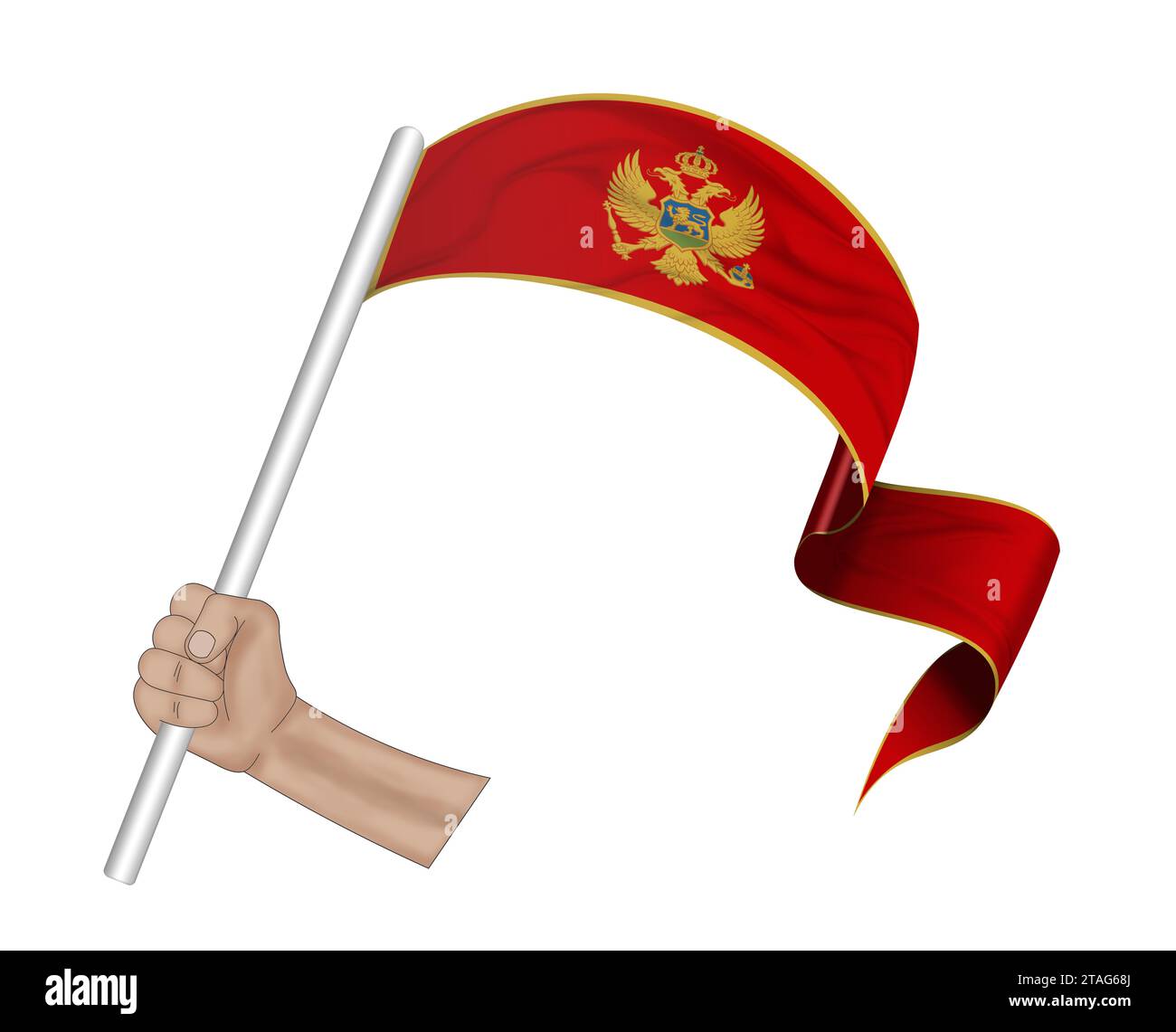 3D illustration. Hand holding flag of Montenegro on a fabric ribbon ...