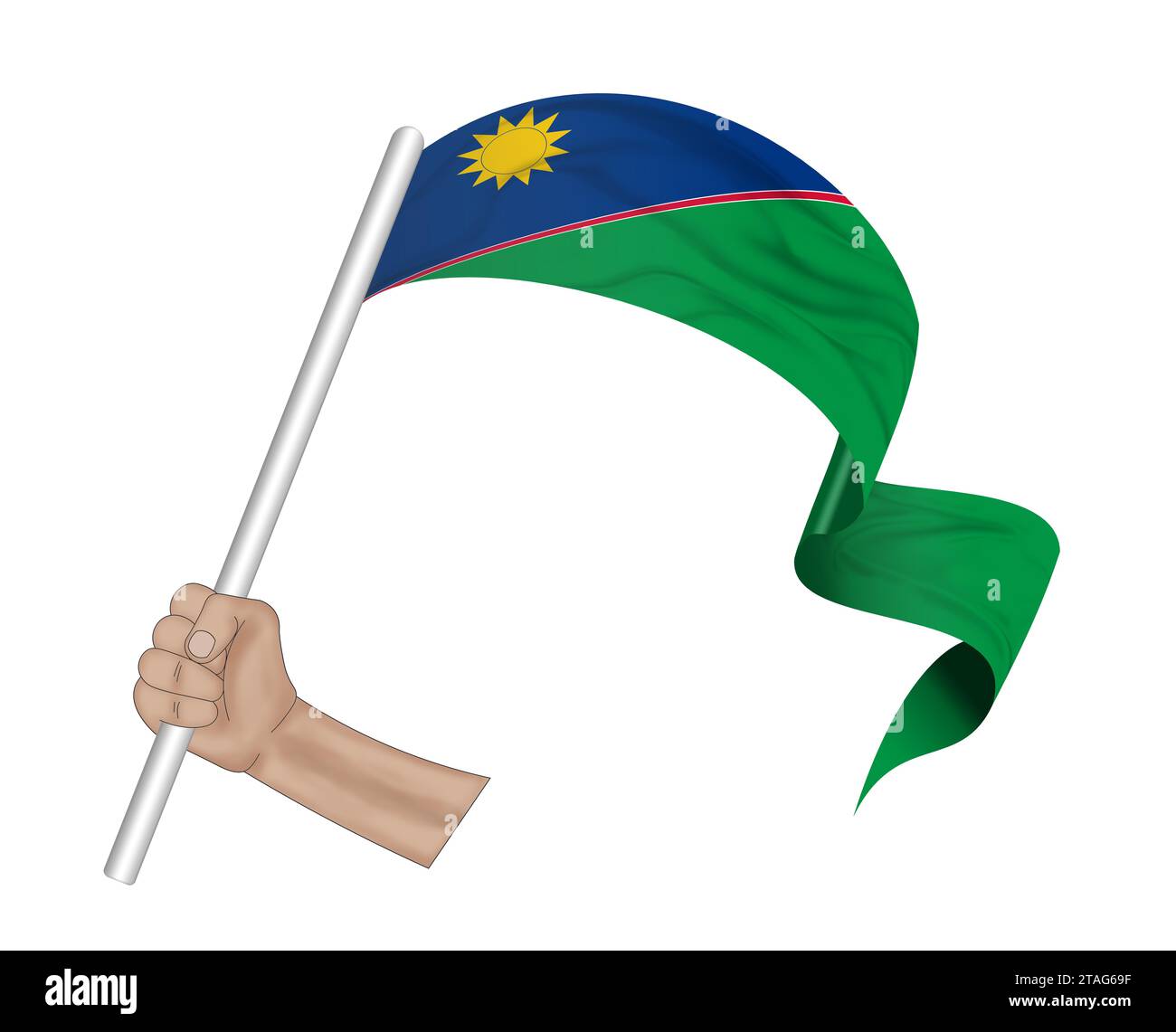 3D illustration. Hand holding flag of Namibia on a fabric ribbon ...