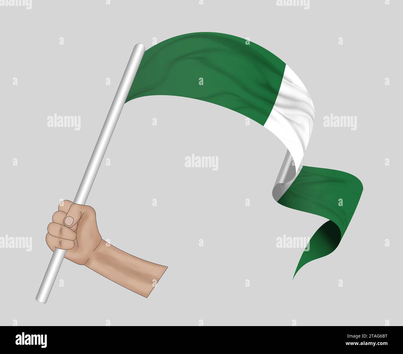 3D illustration. Hand holding flag of Nigeria on a fabric ribbon ...