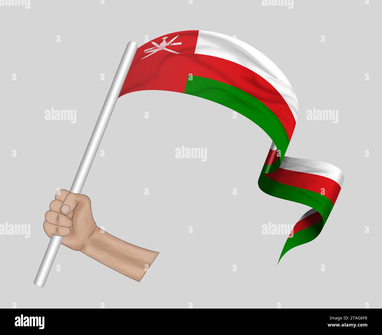 3D illustration. Hand holding flag of Oman on a fabric ribbon ...