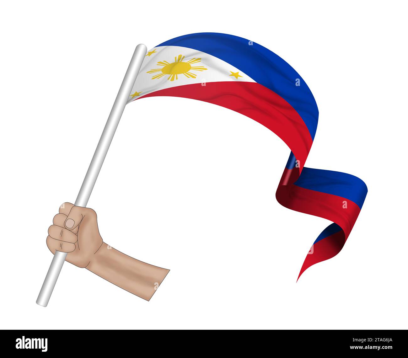 3D illustration. Hand holding flag of Philippines on a fabric ribbon ...