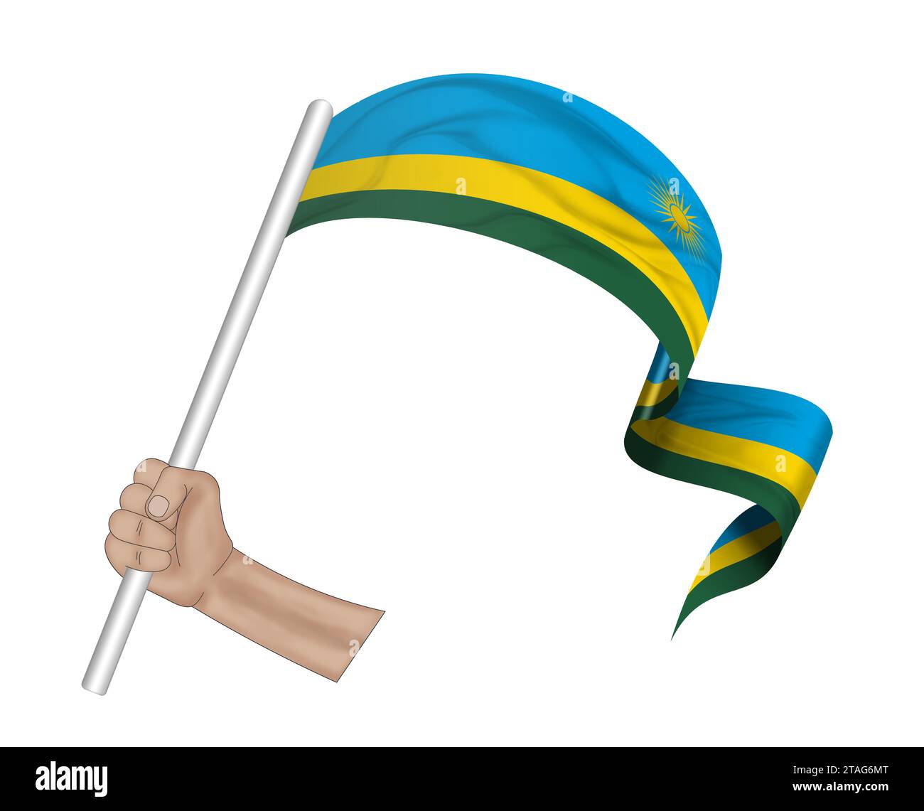 3D illustration. Hand holding flag of Rwanda on a fabric ribbon ...