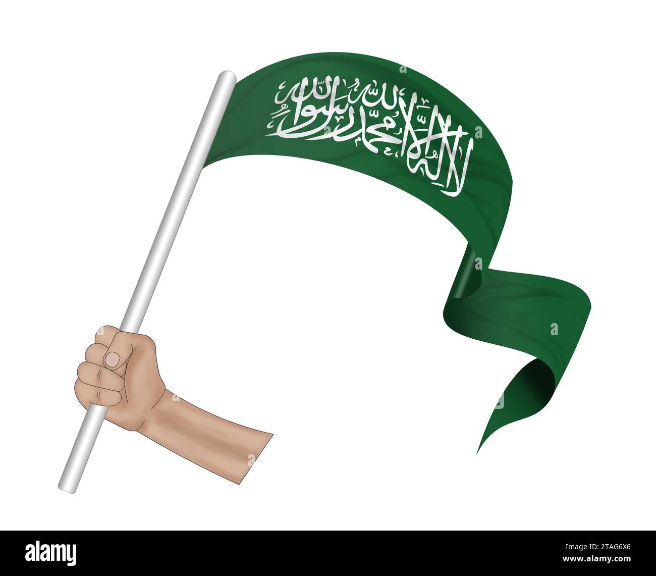 3D illustration. Hand holding flag of Saudi Arabia on a fabric ribbon ...