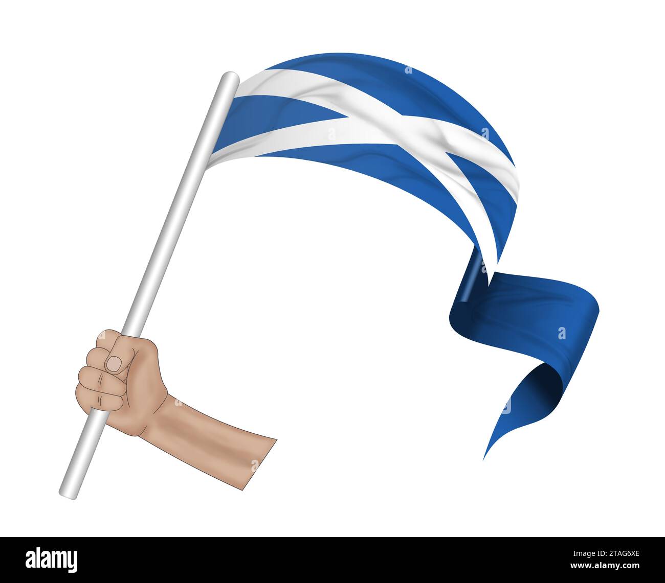 3D illustration. Hand holding flag of Scotland on a fabric ribbon ...