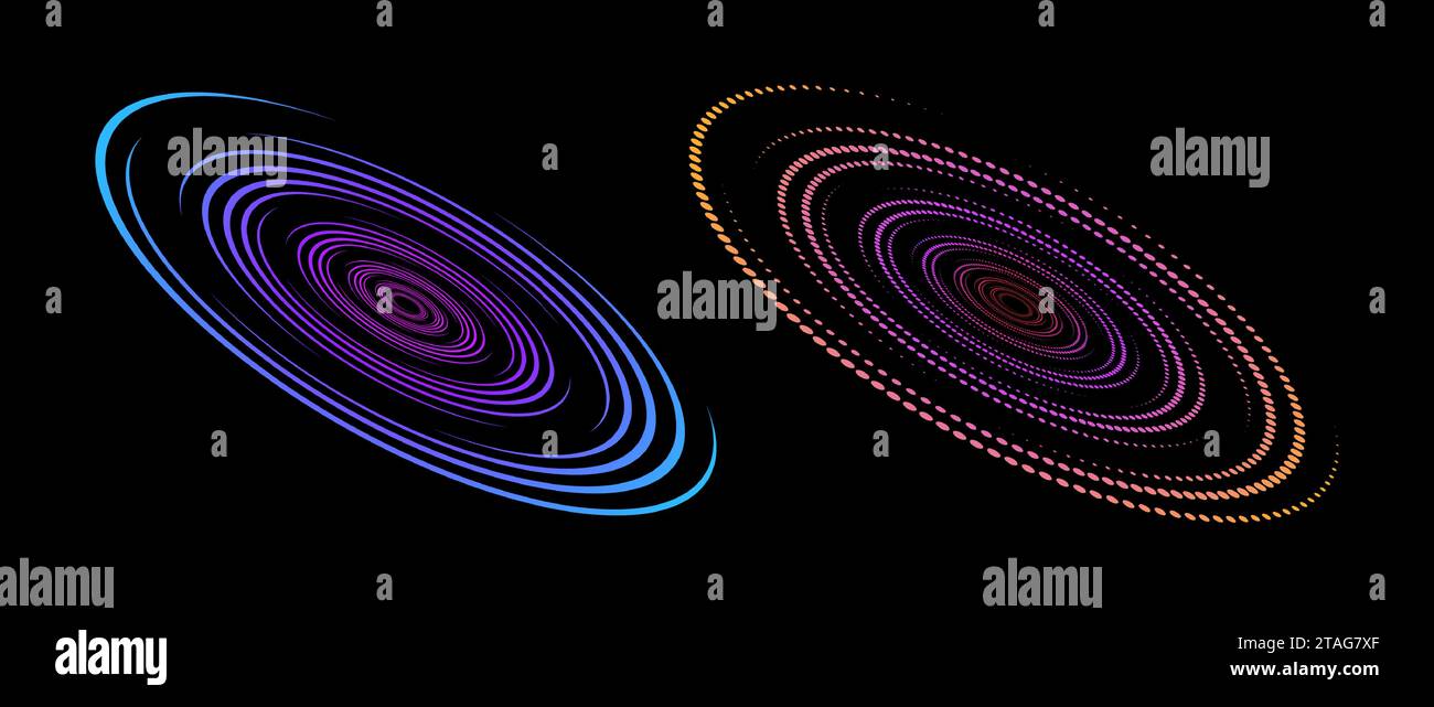 Linear and halftone speed spiral set. Colorful dynamic dots and lines ...
