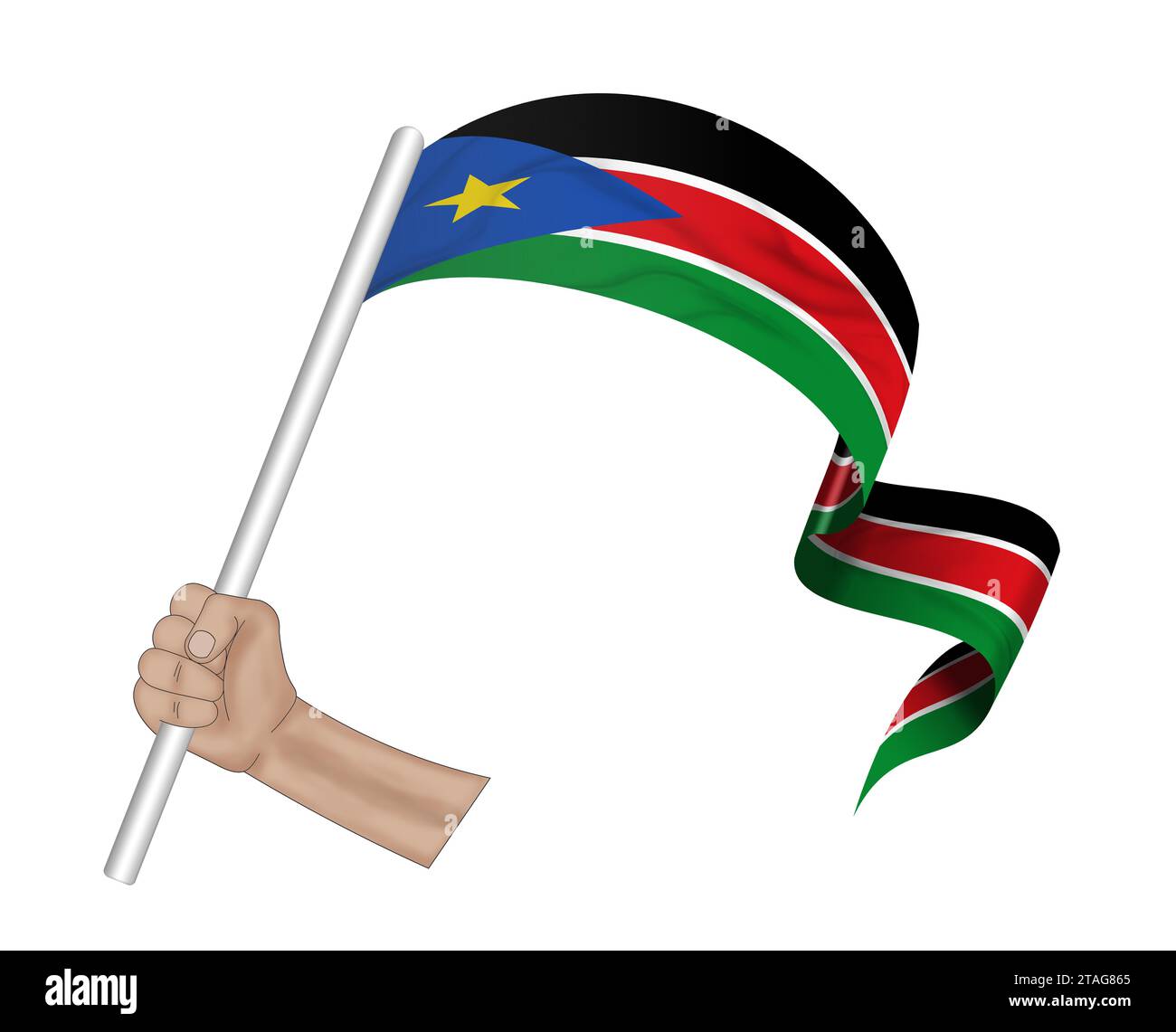3D illustration. Hand holding flag of South Sudan on a fabric ribbon ...