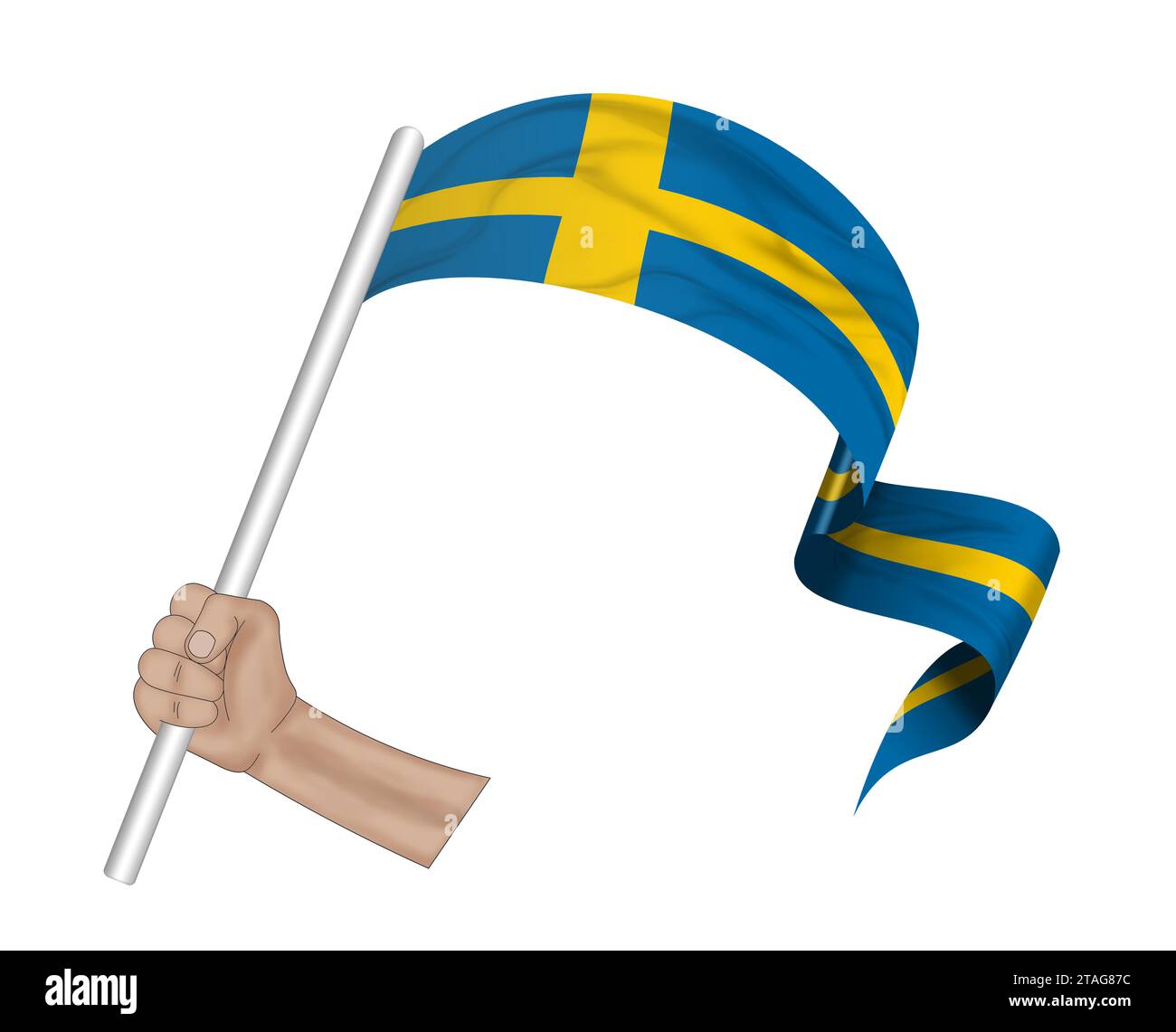 3D illustration. Hand holding flag of Sweden on a fabric ribbon ...