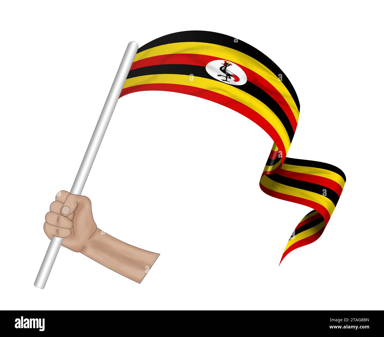 3D illustration. Hand holding flag of Uganda on a fabric ribbon ...