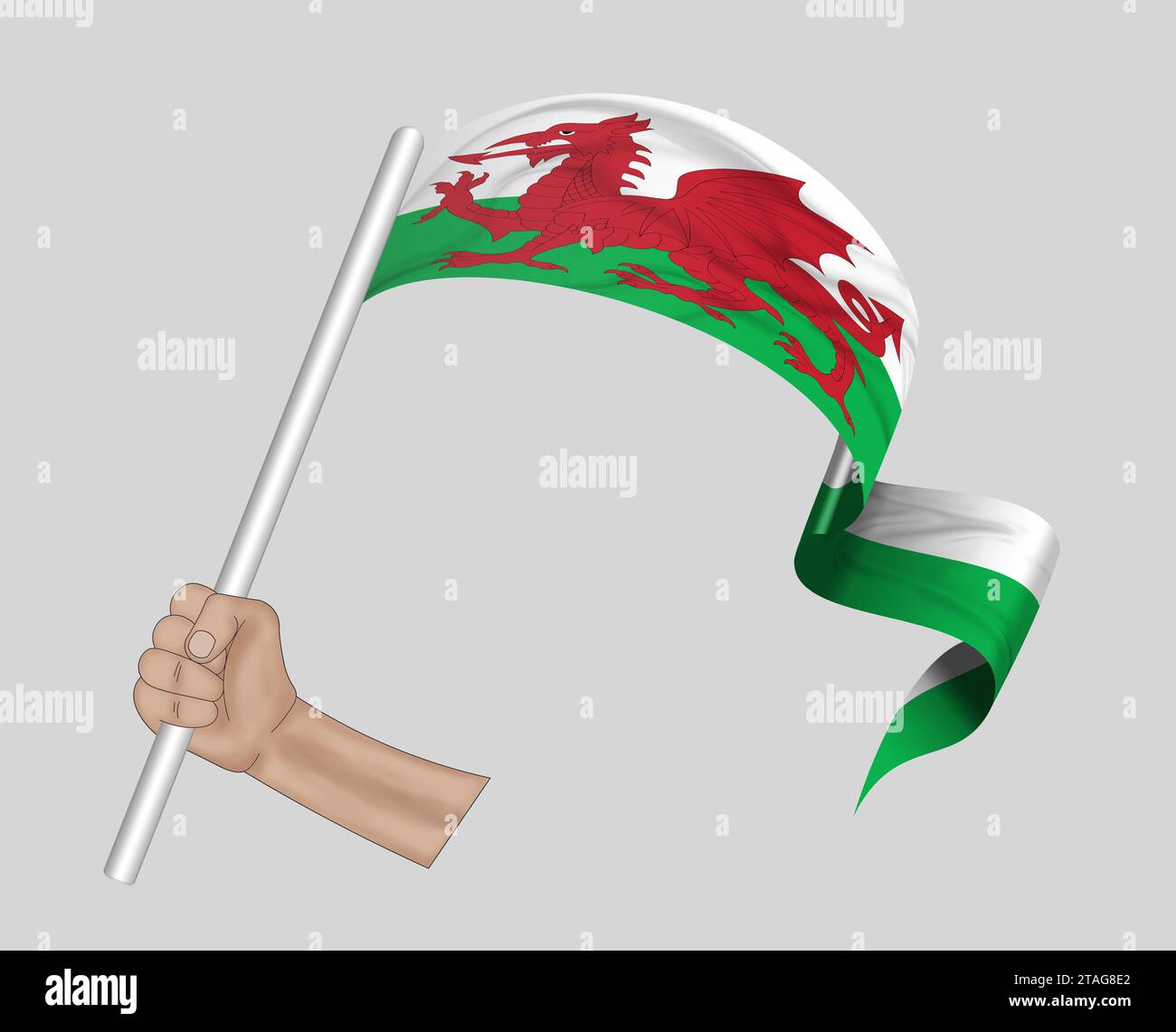 3D illustration. Hand holding flag of Wales on a fabric ribbon ...
