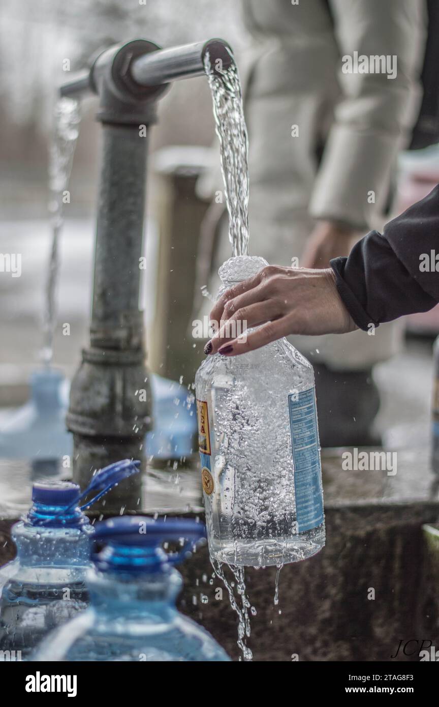 This image captures a close-up scene of a person filling a clear ...