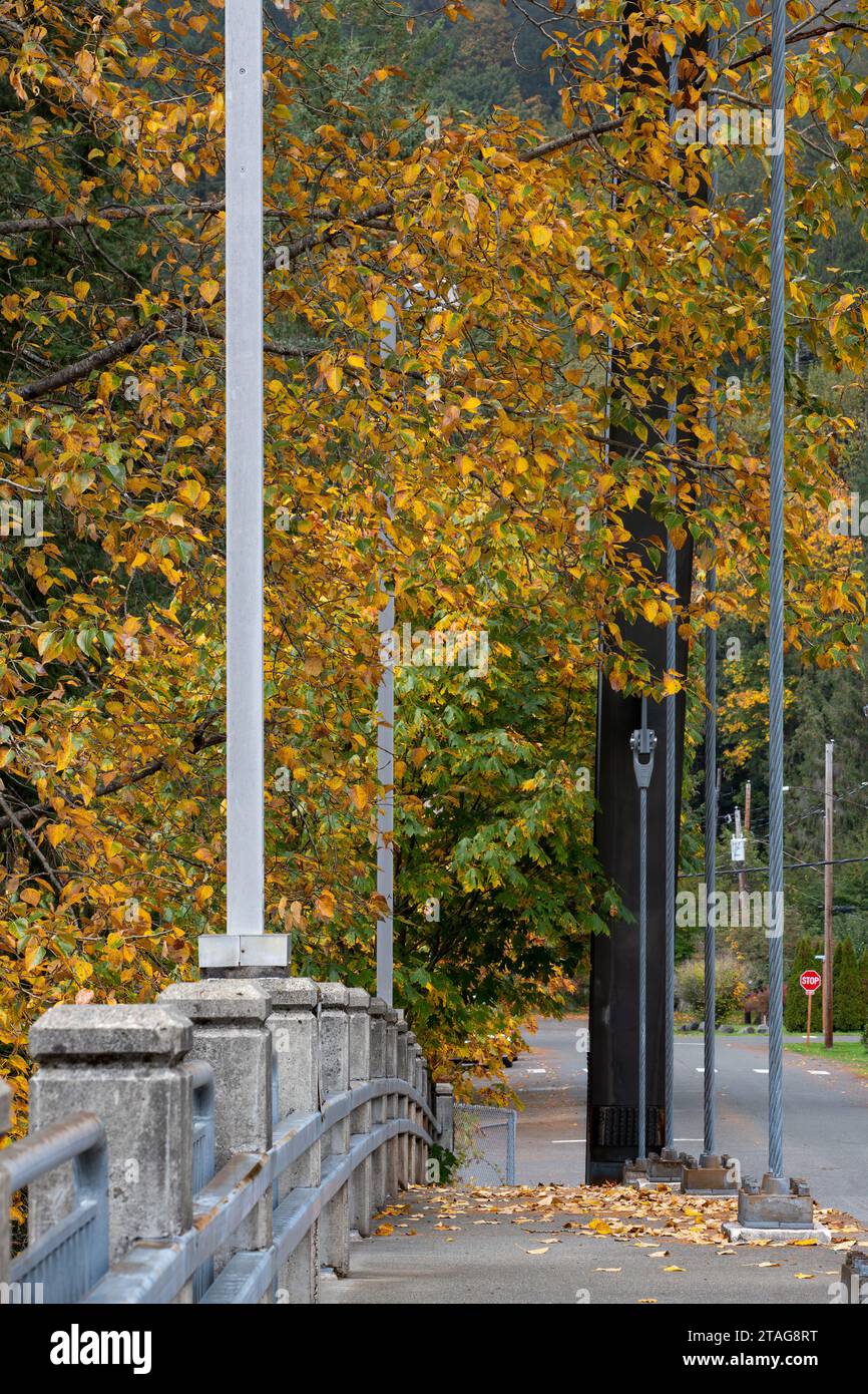 Fall foliage covers walk way on bridge into Index Washigton Stock Photo ...