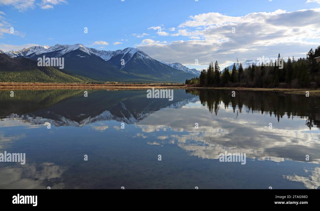 Landscape with Sundance Peak and trees - Vermilion Lake, Canada Stock ...
