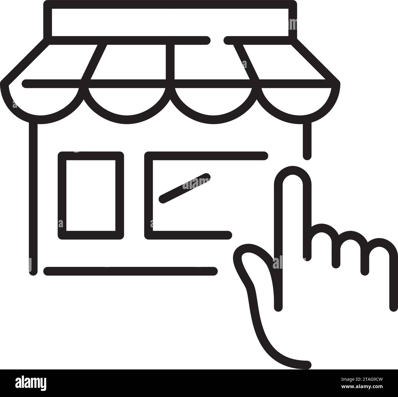 Online shopping. Finger clicking on store icon. Pixel perfect, editable ...