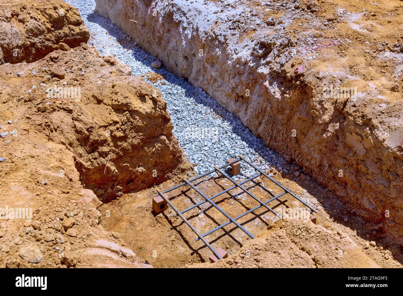 Trench prepared for cottage concrete deep strip foundation Stock Photo ...