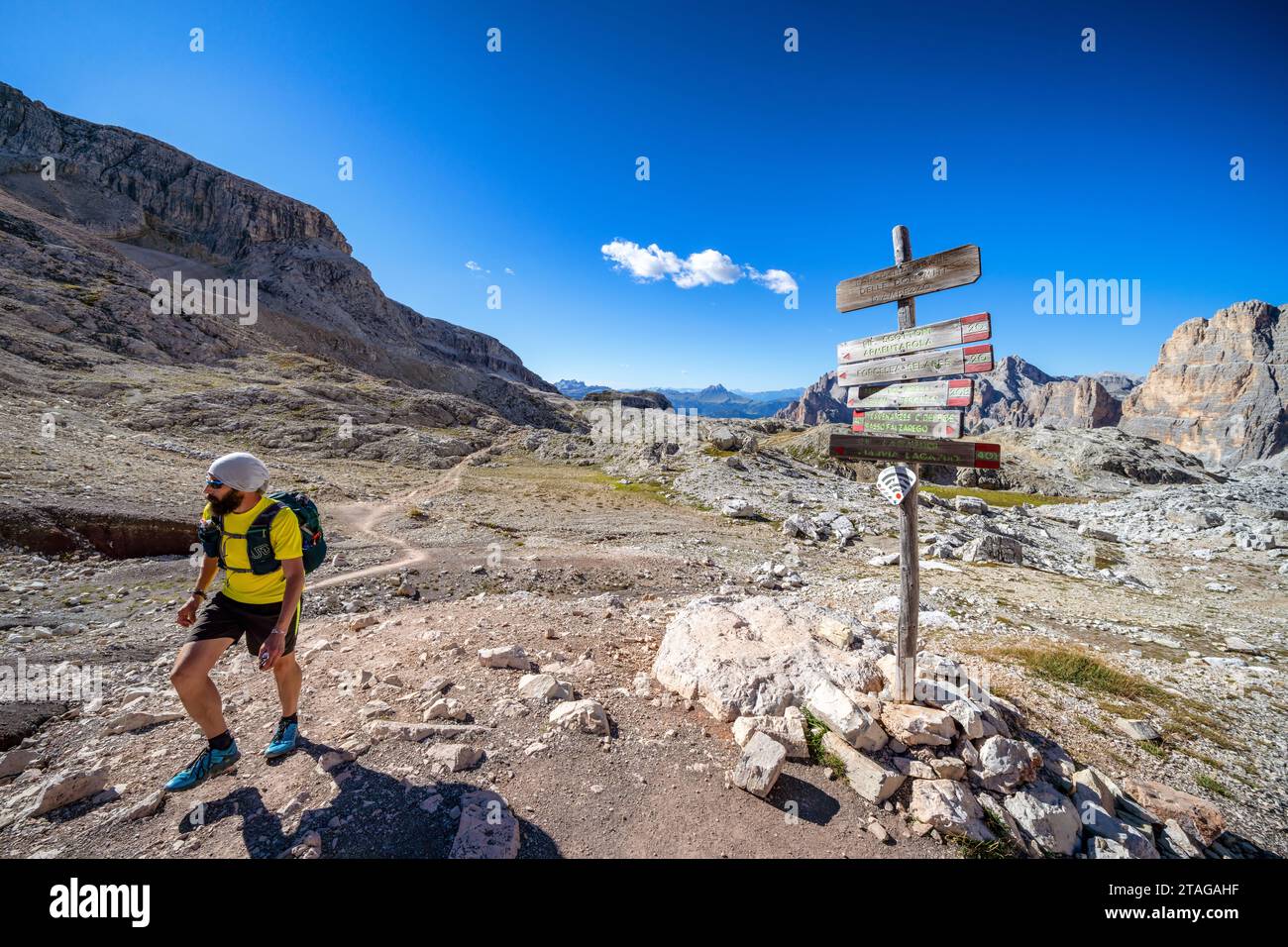 Hiking on Alta Via 1 route near Rifugio Lagazuoi, Badia, Italy Stock ...