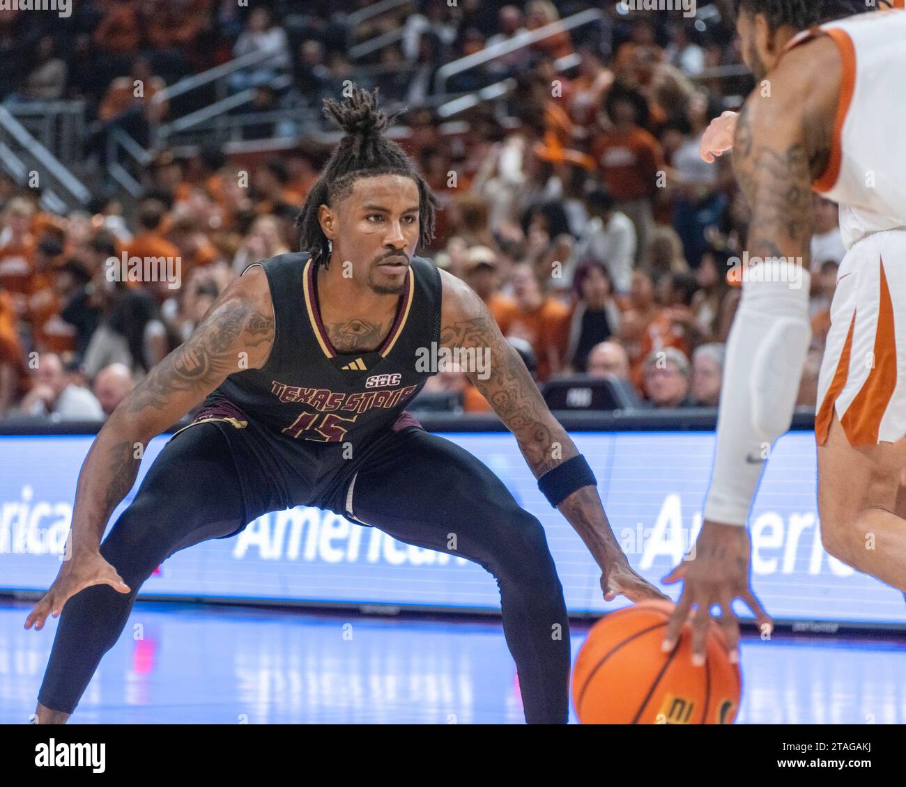 Texas, USA. 30th Nov, 2023. Elijah Tate #15 of the Texas State Bobcats ...