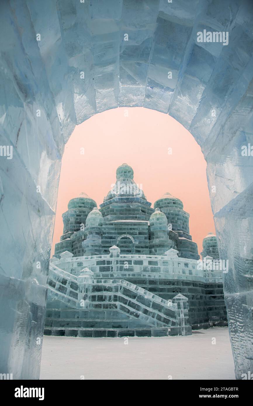January 1, 2022, HARBIN, CHINA. Ice building. Harbin International Ice ...