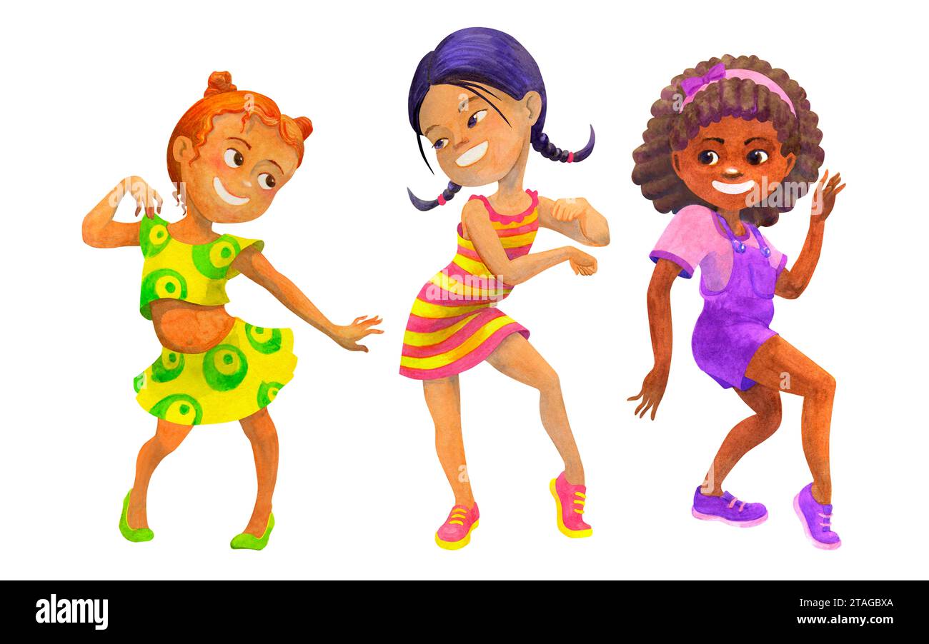 Group of happy multicultural dancing school age girls. Friends dancing ...