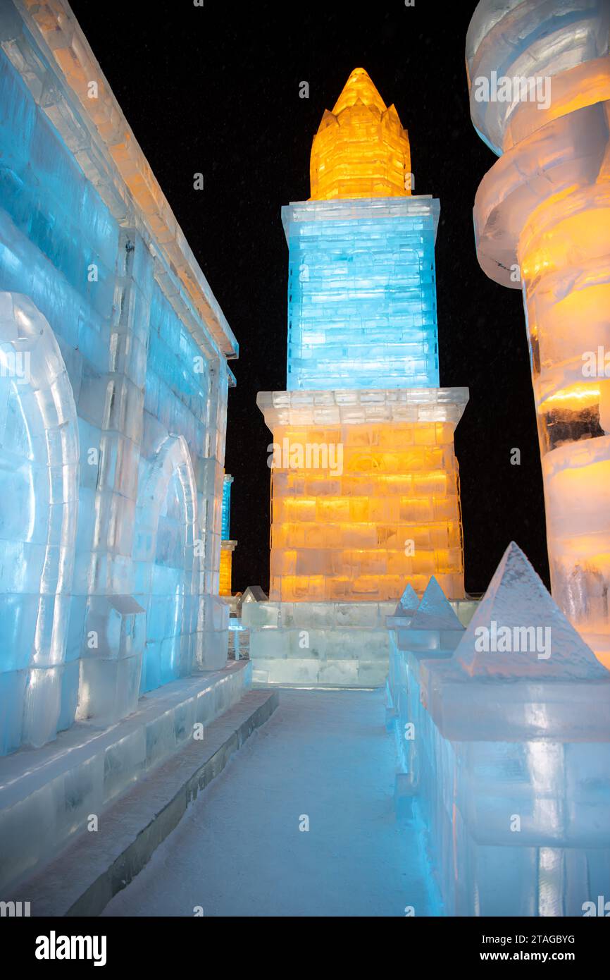 January 1, 2022, HARBIN, CHINA. Night scene in Harbin International Ice ...