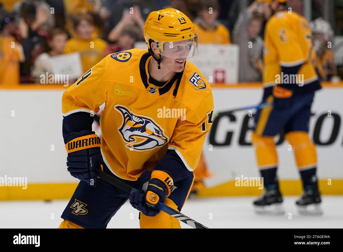 Nashville Predators center Gustav Nyquist (14) warms up before an NHL ...