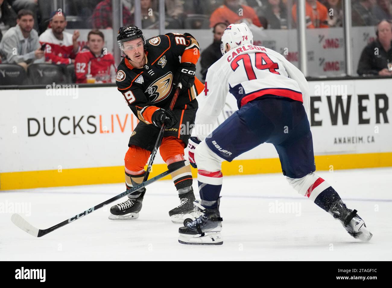 Anaheim Ducks center Sam Carrick (39) passes against Washington ...