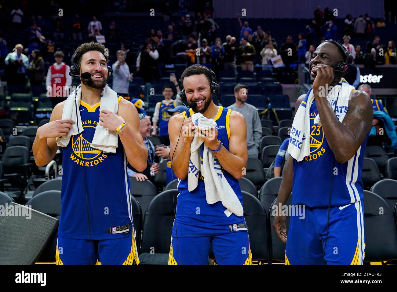 Golden State Warriors guards Klay Thompson, left, and Stephen Curry and forward Draymond Green ...