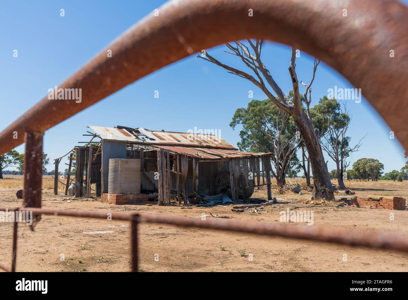 A derelict farm shed view through a rusty farm gate on farm land at ...