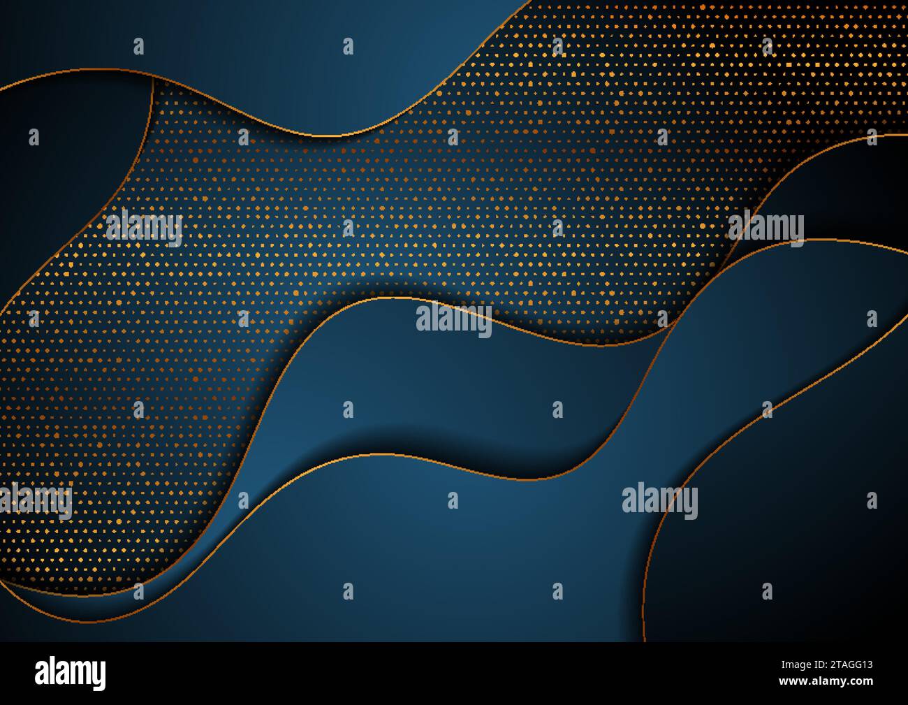 Dark blue and golden abstract tech wavy background. Luxury glitter dots ...
