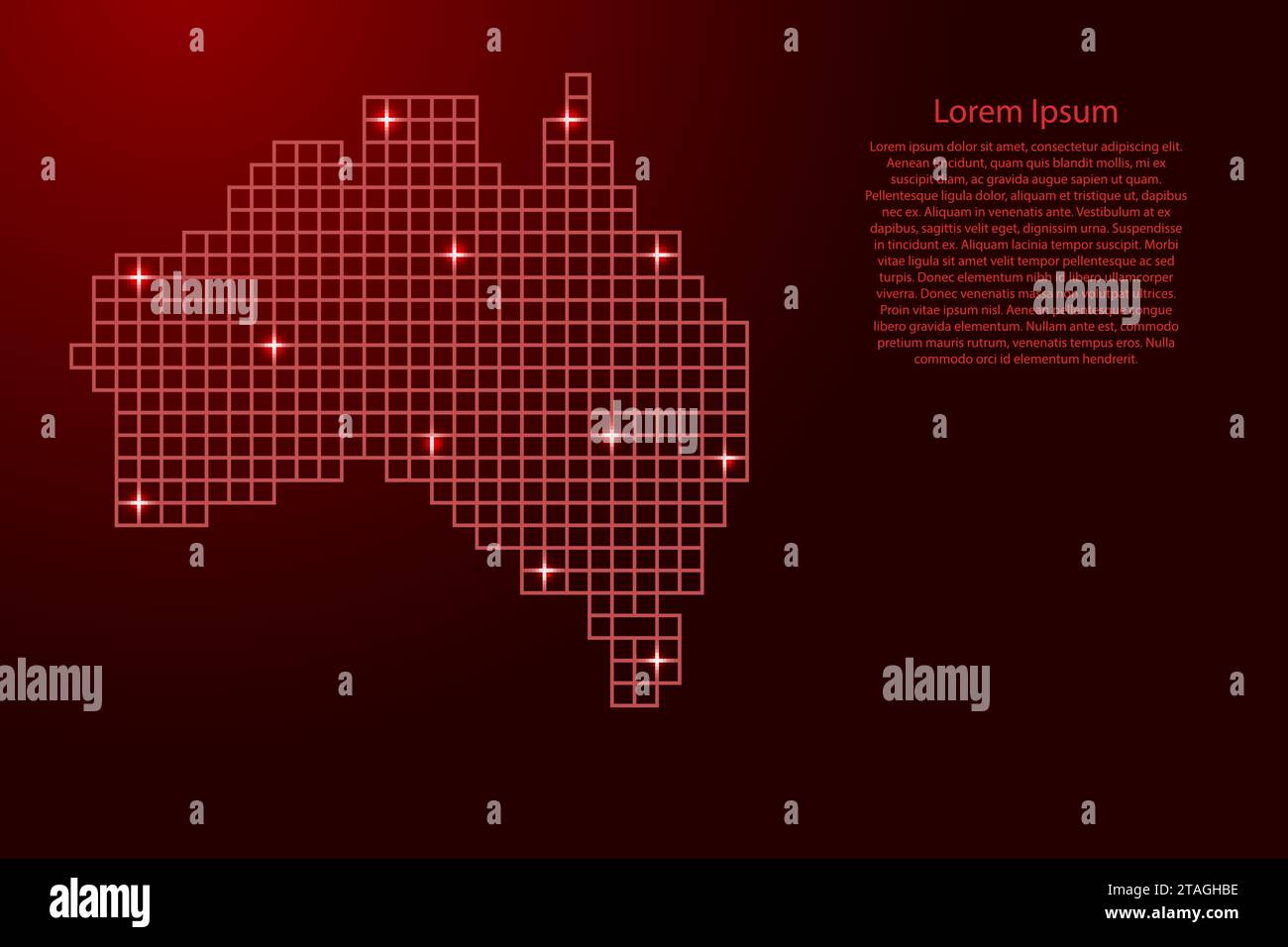 Australia map silhouette from red mosaic structure squares and glowing ...