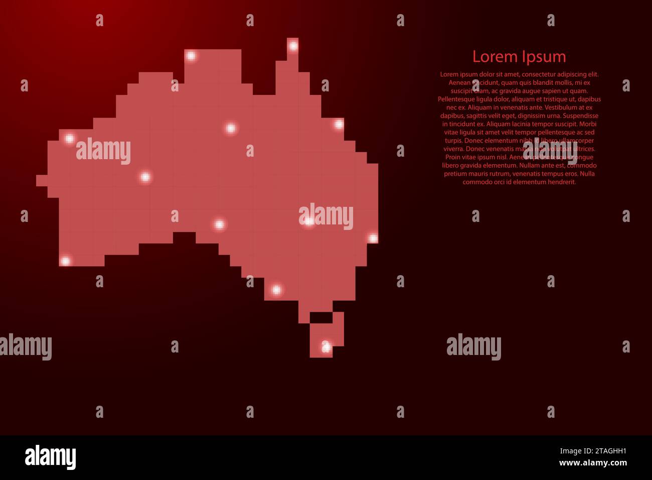 Australia map silhouette from red square pixels and glowing stars ...