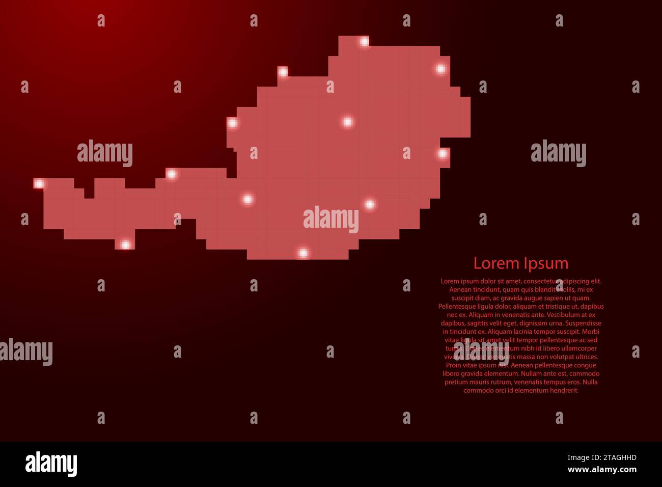 Austria map silhouette from red square pixels and glowing stars. Vector ...