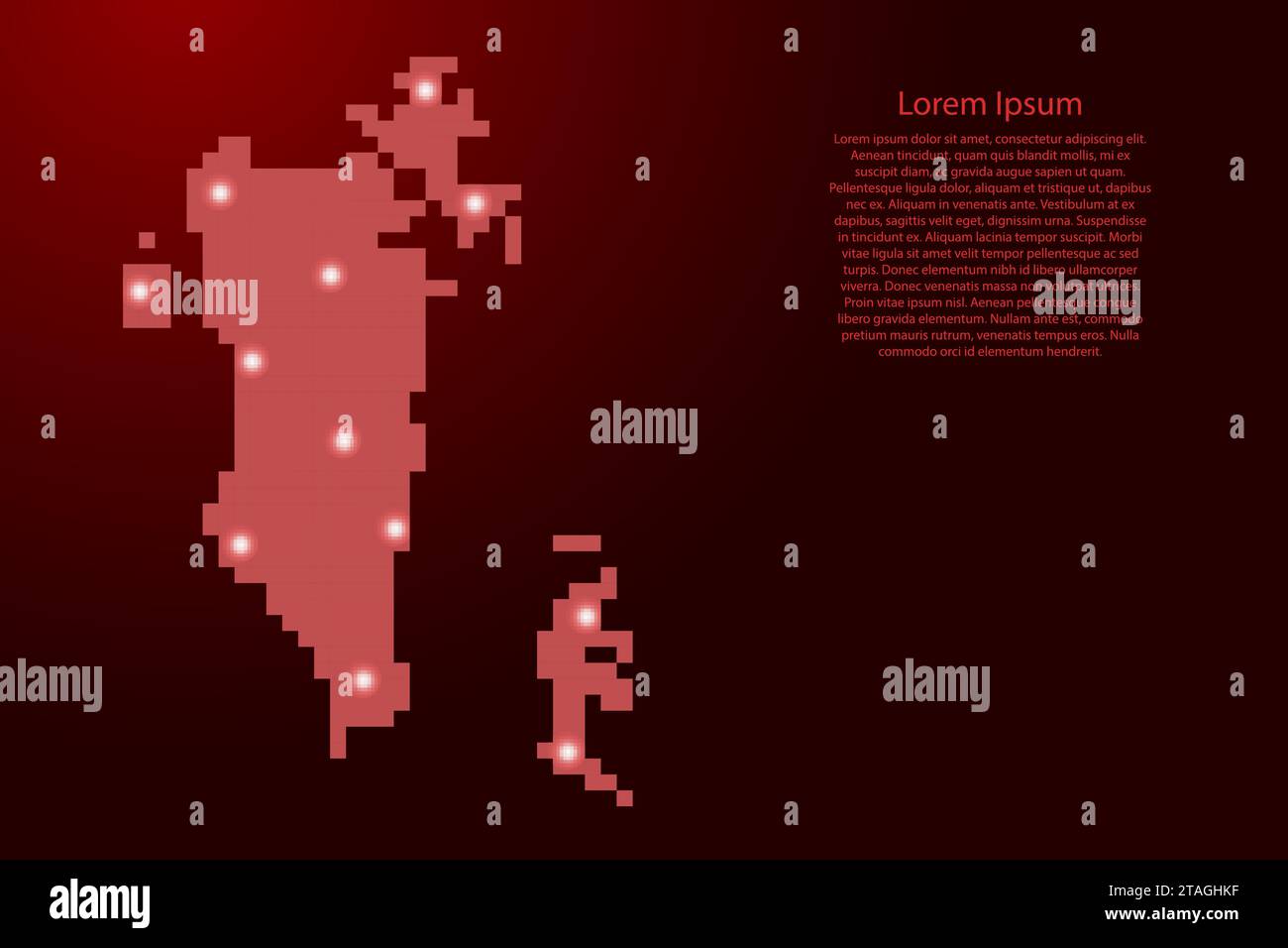 Bahrain map silhouette from red square pixels and glowing stars. Vector ...