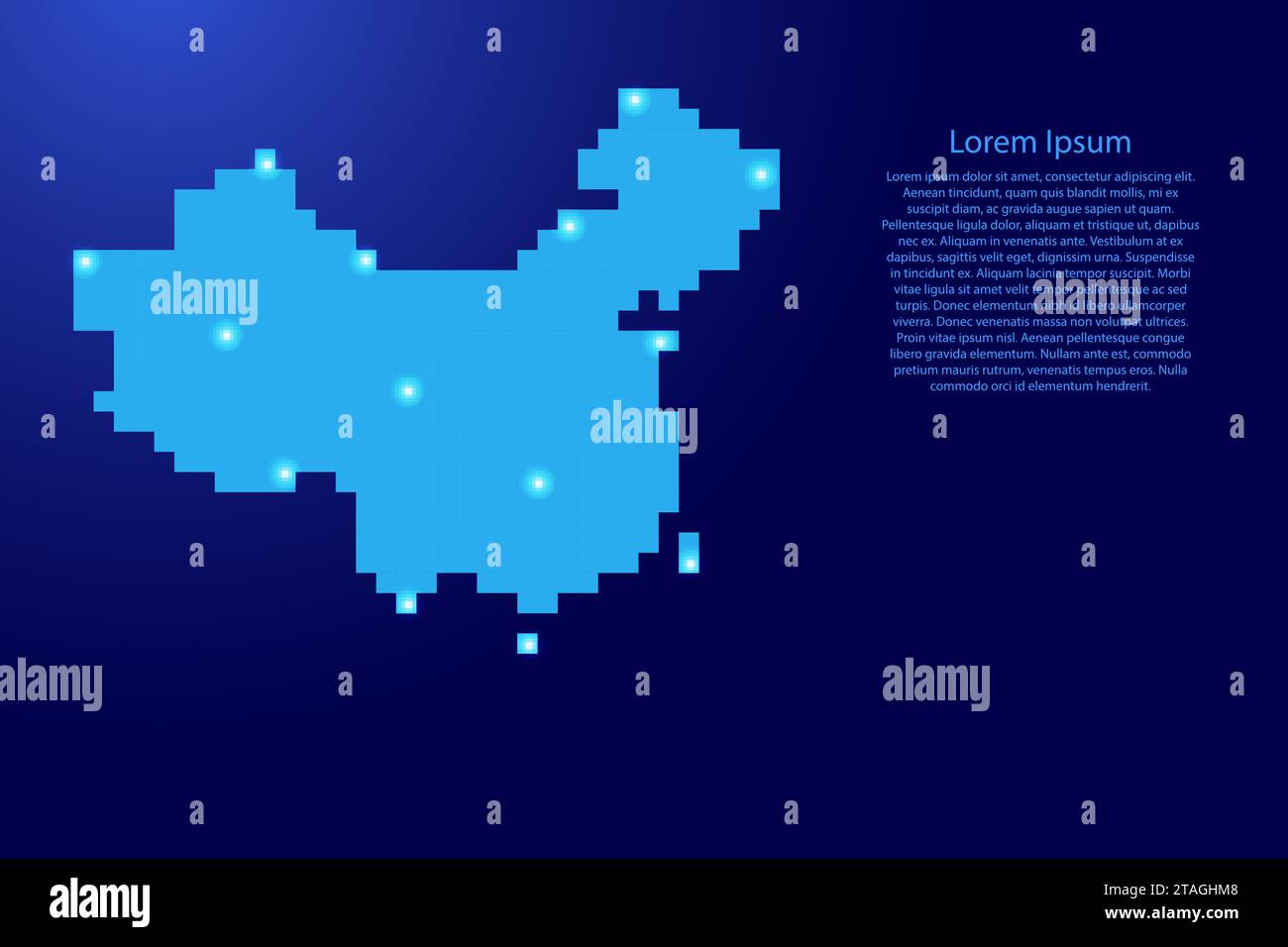 China map silhouette from blue square pixels and glowing stars. Vector ...