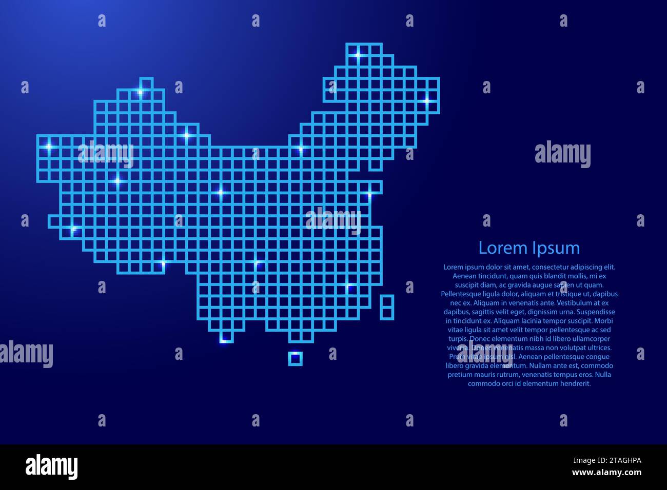 China map silhouette from blue mosaic structure squares and glowing ...
