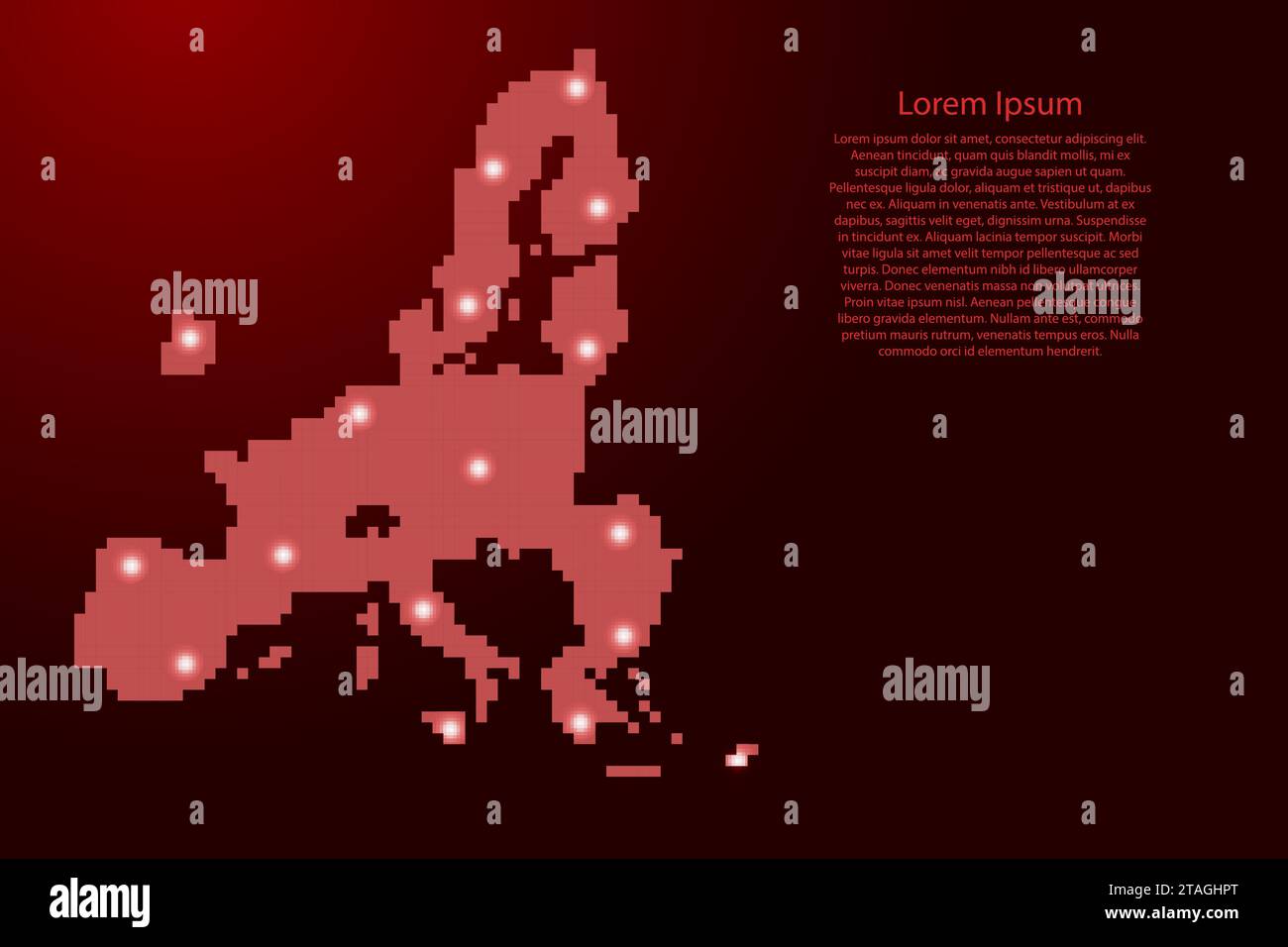 European Union map silhouette from red square pixels and glowing stars ...