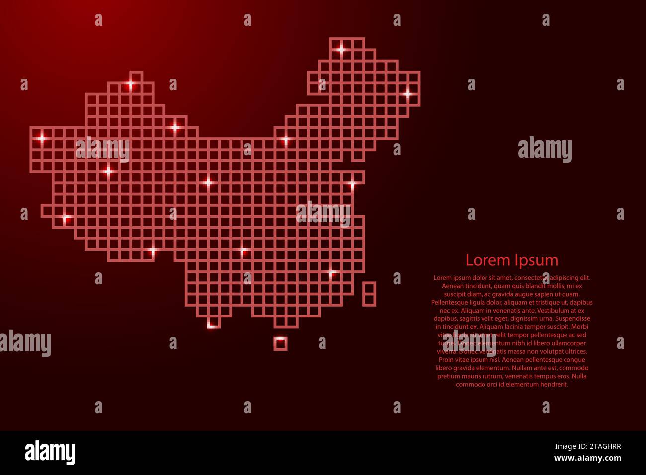 China map silhouette from red mosaic structure squares and glowing ...