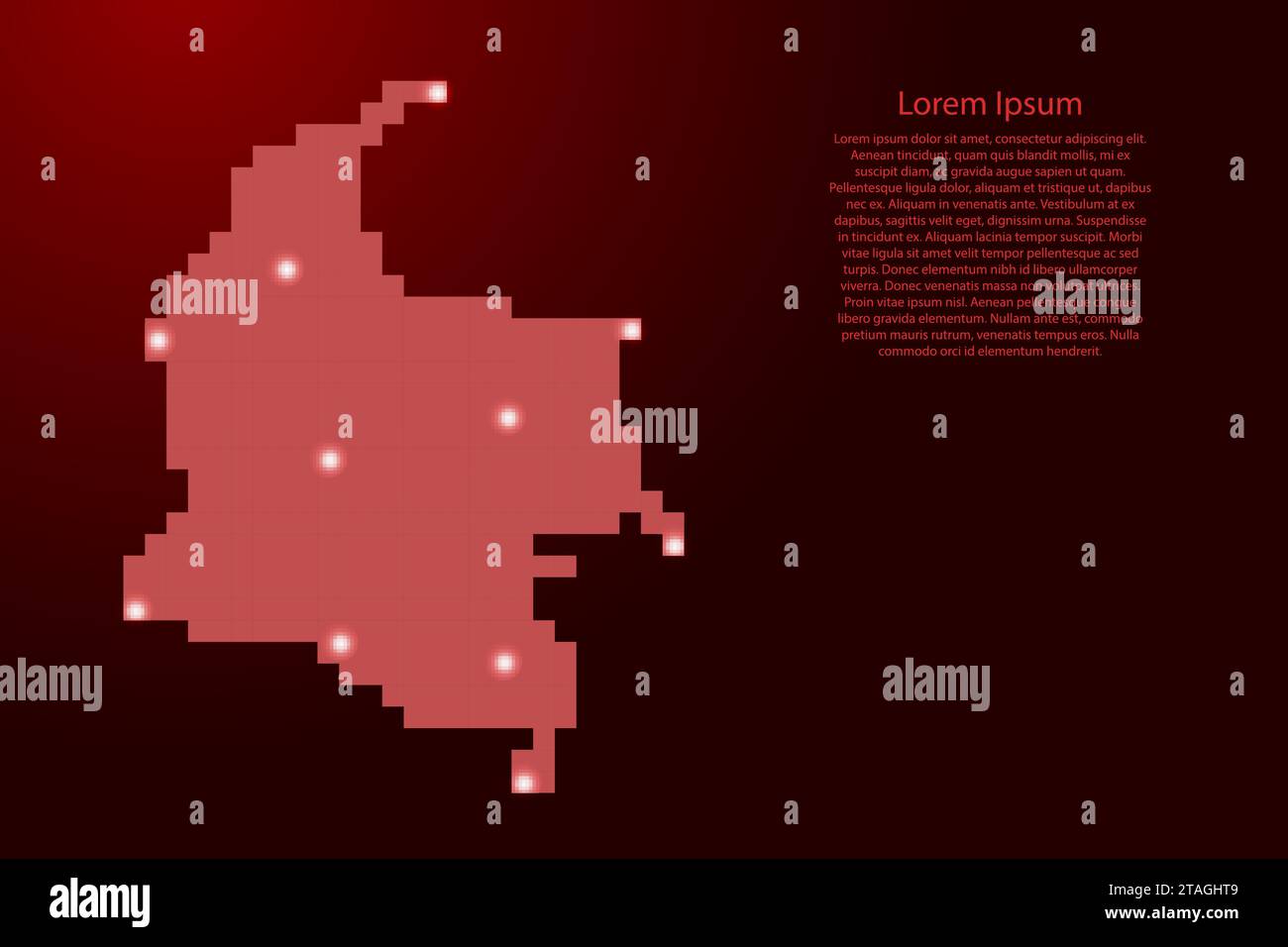 Colombia map silhouette from red square pixels and glowing stars ...