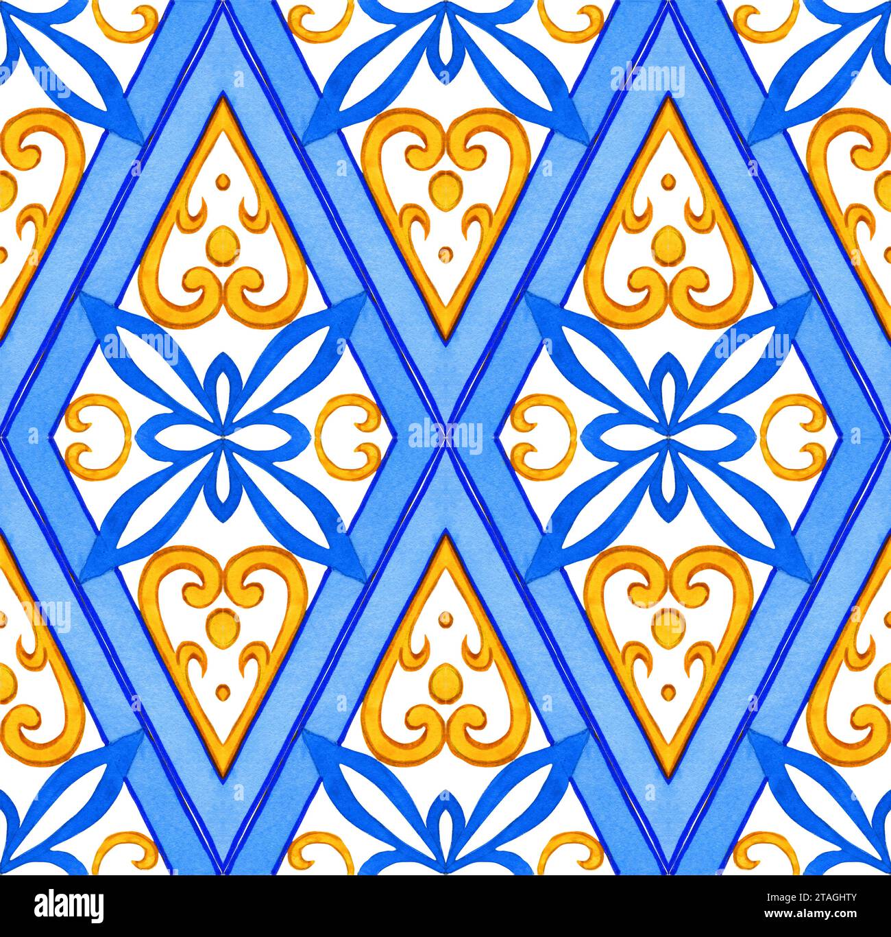 Majolica watercolor seamless pattern. Sicilian hand drawn ornament ...