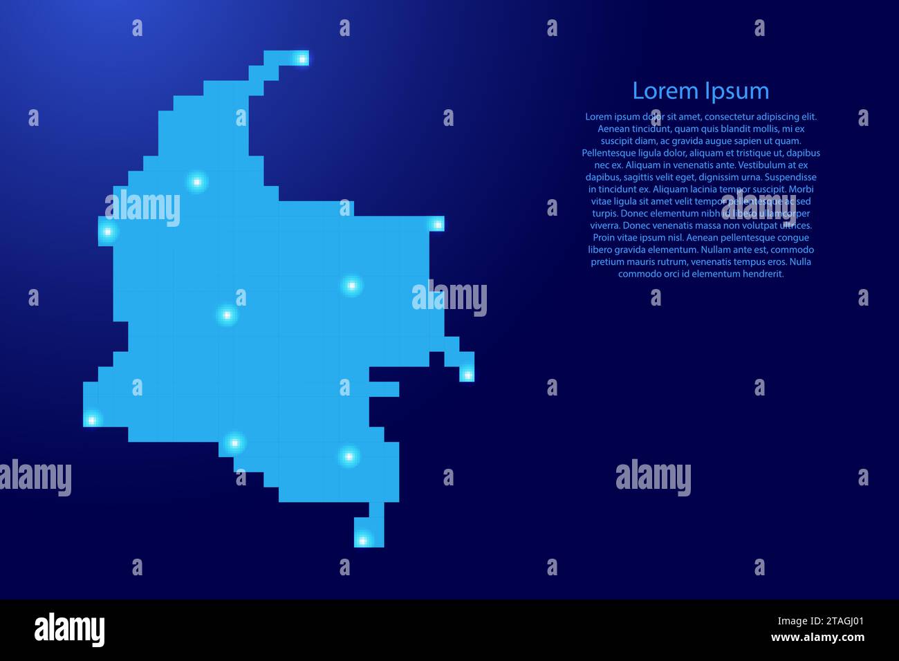 Colombia map silhouette from blue square pixels and glowing stars ...