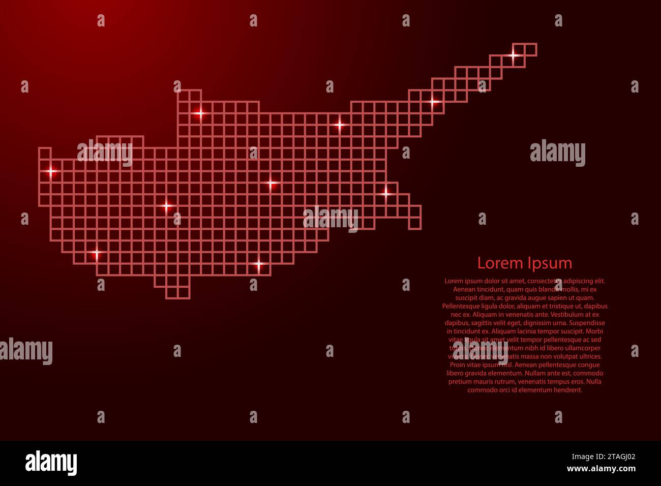 Cyprus map silhouette from red mosaic structure squares and glowing ...