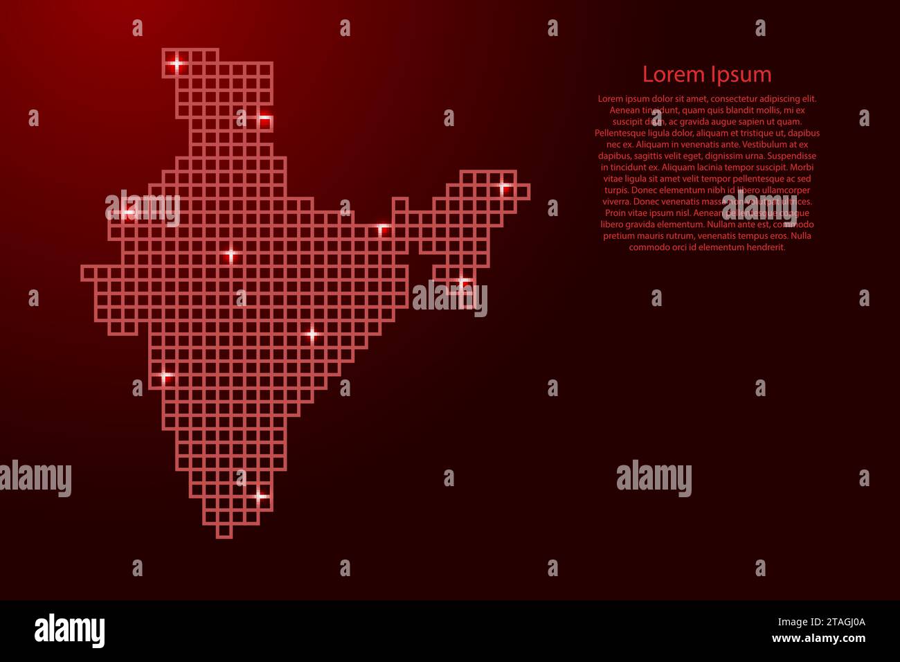 India map silhouette from red mosaic structure squares and glowing ...
