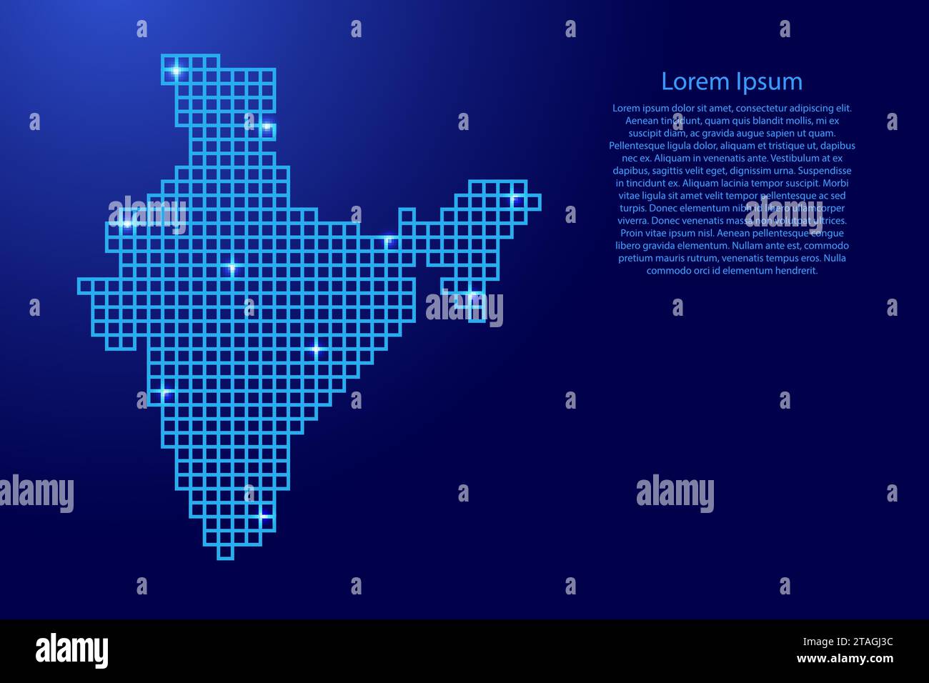 India map silhouette from blue mosaic structure squares and glowing ...