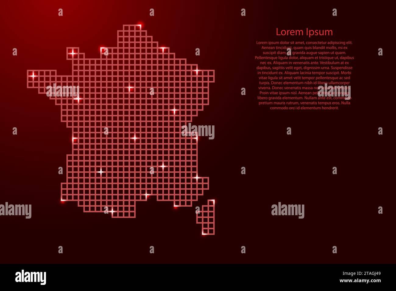 France map silhouette from red mosaic structure squares and glowing ...