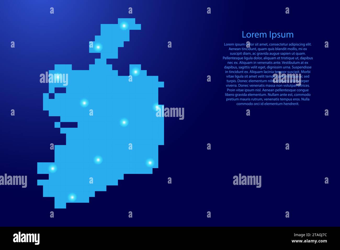 Ireland map silhouette from blue square pixels and glowing stars ...