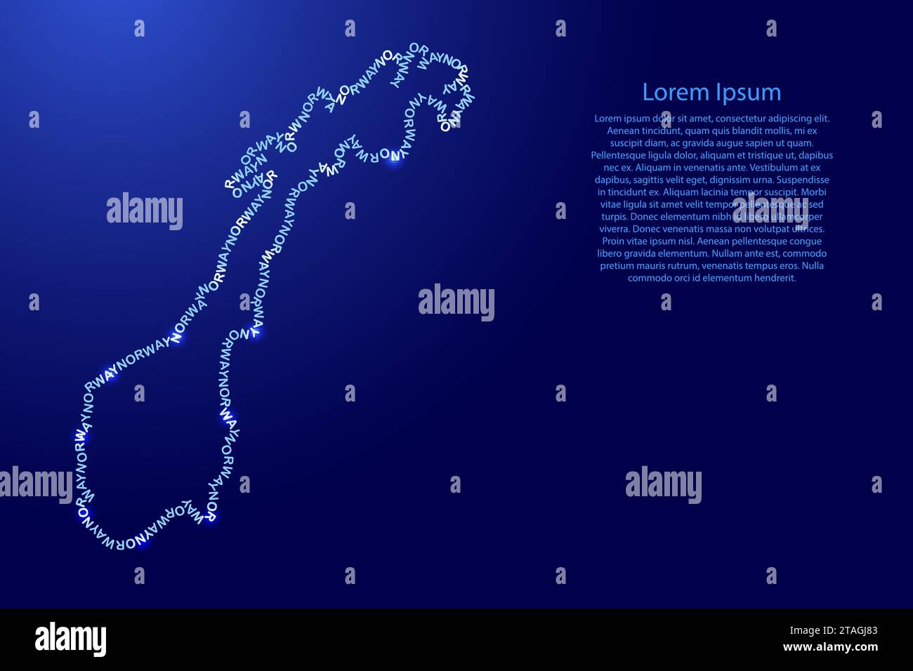 Norway map country along contour of recurring english blue words name ...